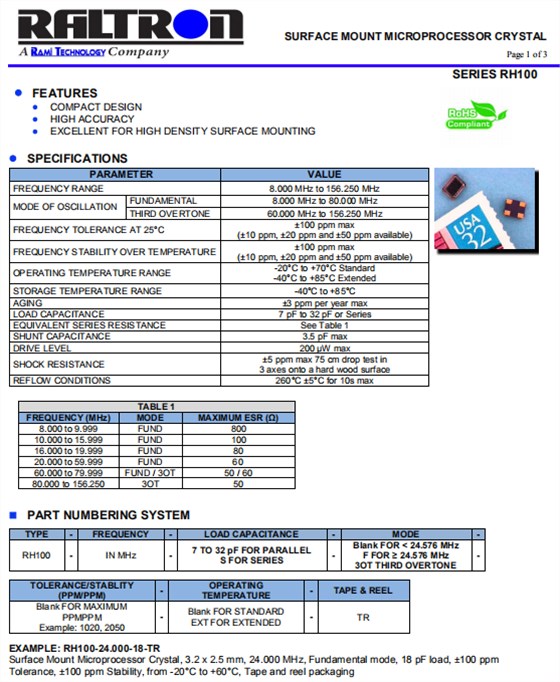 Raltron晶振RH100,RH100-25.000-20-F-1010-TR无源晶振