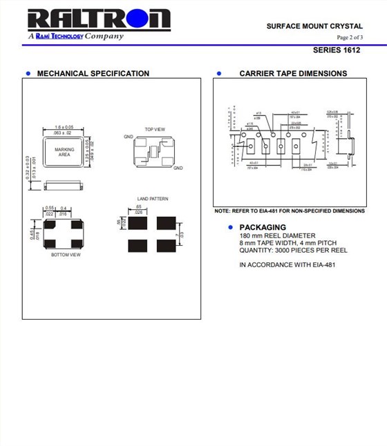 Raltron晶振1612,R1612-24.000-8-1020-TR-NS1石英晶振